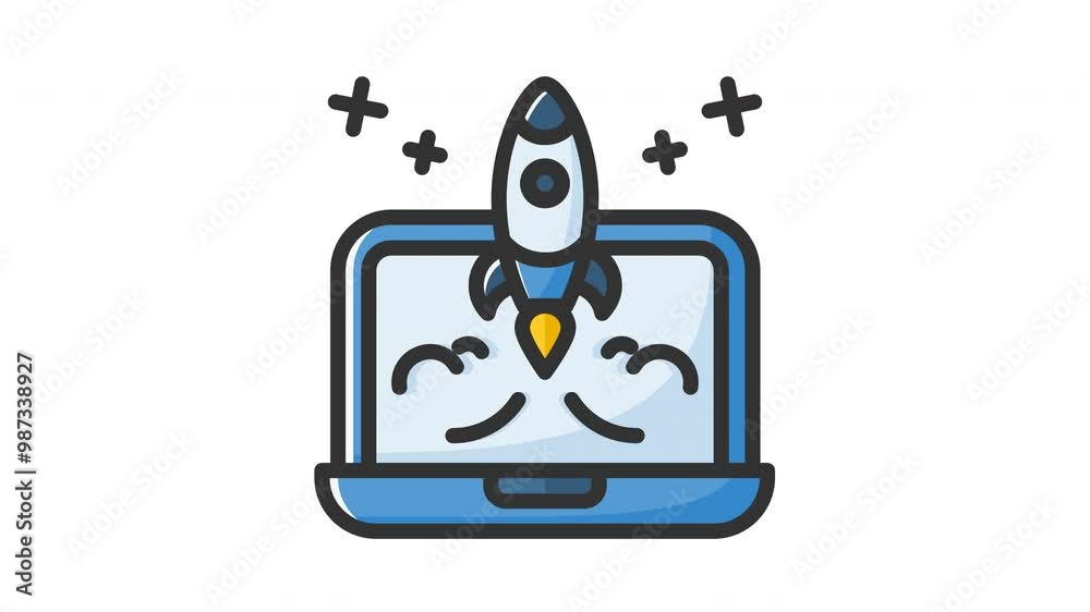 Animated startup with laptop screen with rocket launching and stars ...
