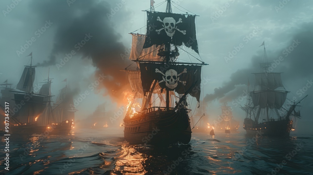 Pirate ships engage in a dramatic battle, with flames illuminating the ...