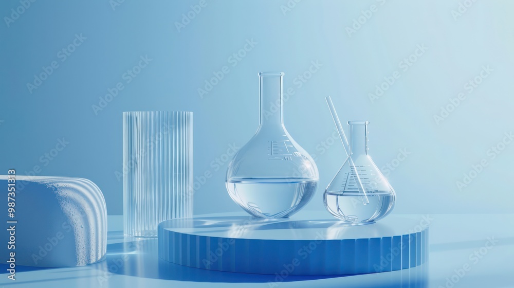 Simple concept with laboratory equipment, Erlenmeyer flasks, boiling ...