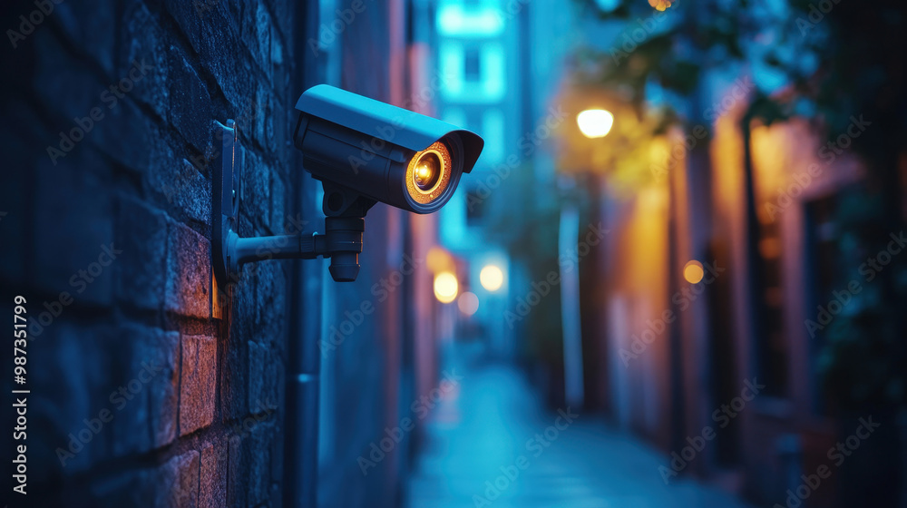 CCTV camera integrated into a streetlamp, casting soft light on an ...