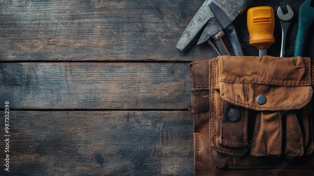 A well-composed photo of a set of tools including a hammer, screwdriver ...