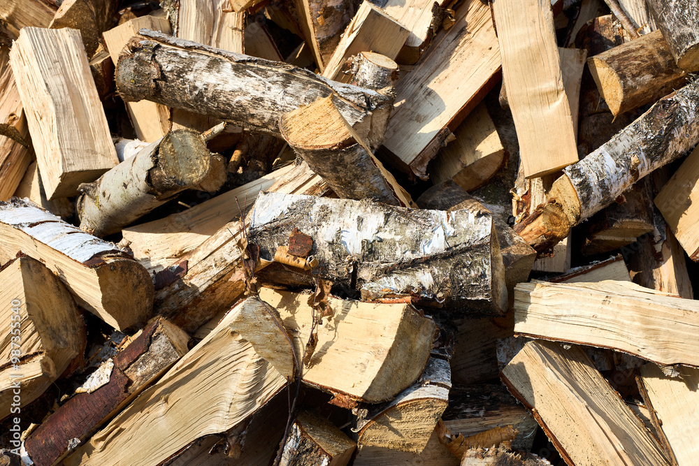 Stack of birch firewood with hand chopping block. Chopped firewood for ...
