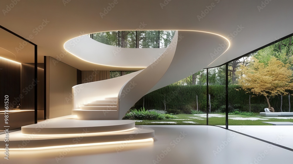 futuristic entrance hall with sweeping staircase minimalist design ...