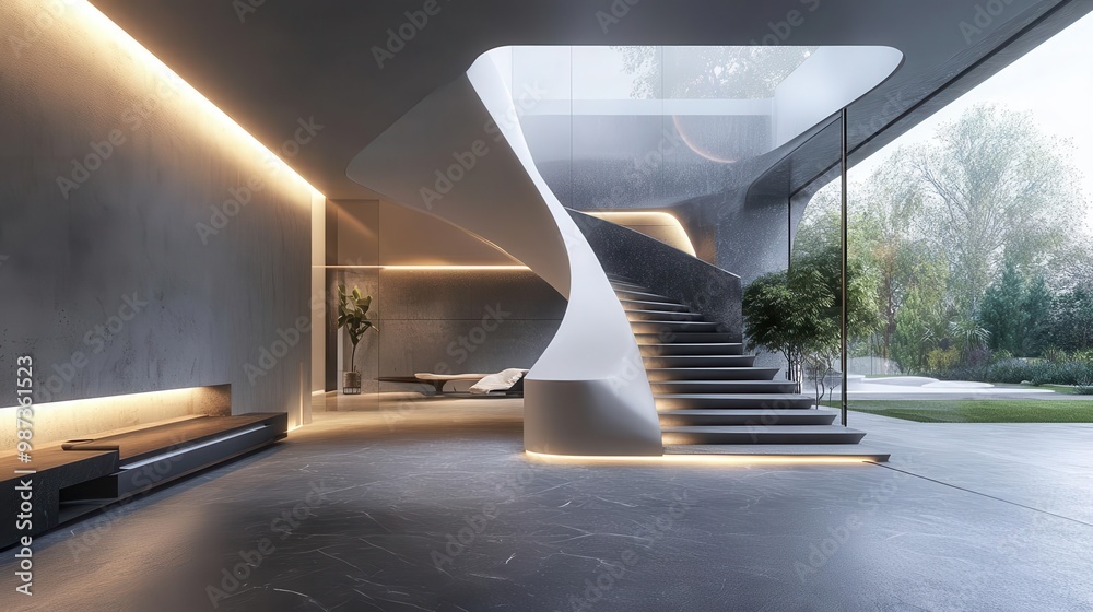 futuristic entrance hall with sweeping staircase minimalist design ...