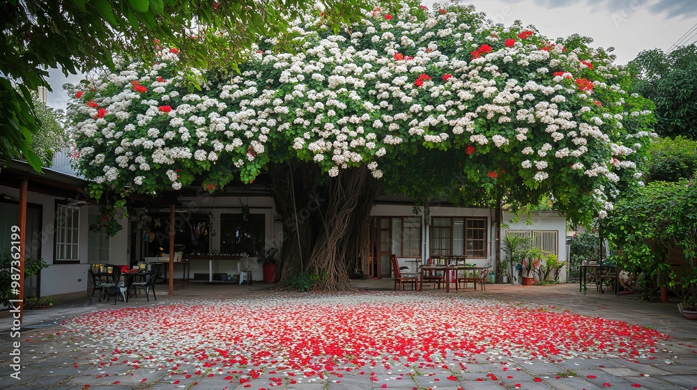 A magnificent nine-layered kudzu tree in front of a house, adorned with ...
