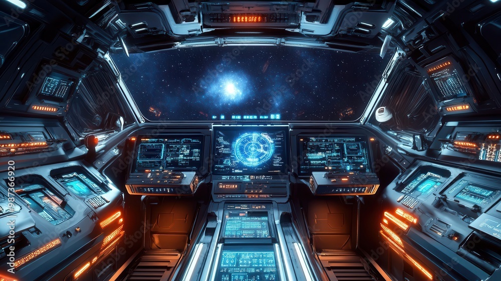 futuristic spaceship interior with sleek metallic surfaces holographic ...