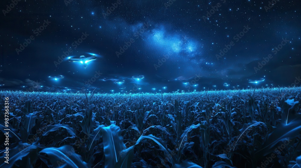 genetically modified supercorn field under a starry night sky ...