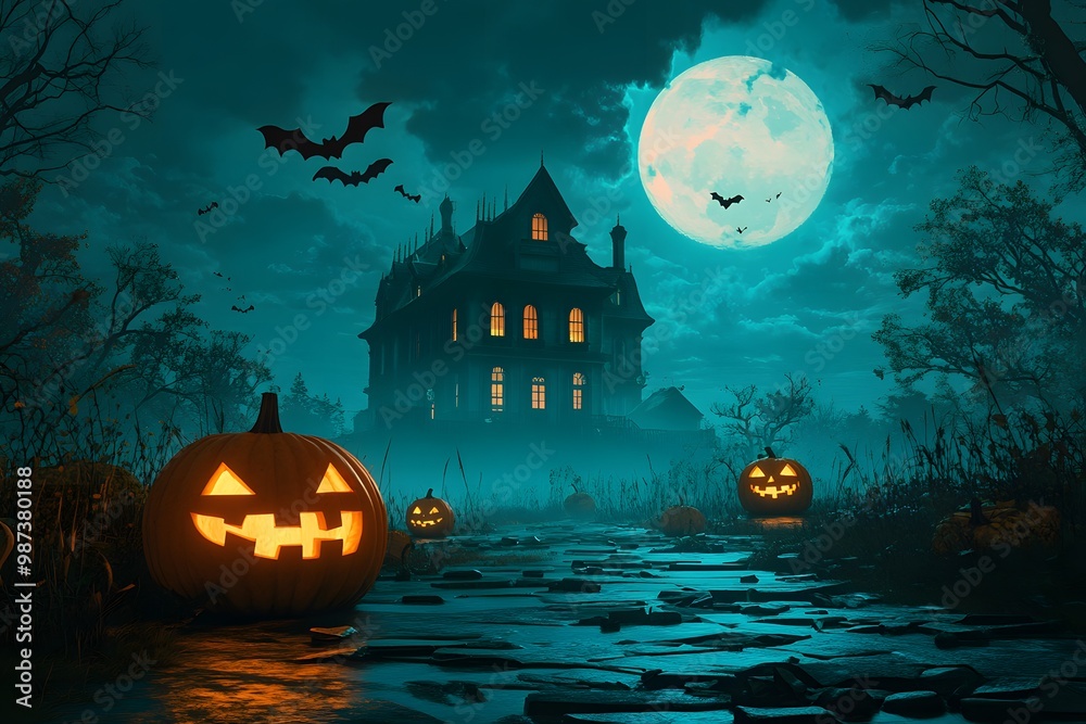 Spooky Halloween scene with a haunted house, jack-o-lanterns, and bats ...