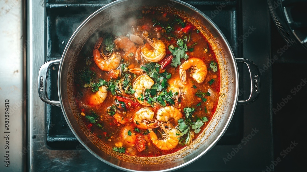 A dramatic overhead view of a bubbling pot of tom yum goong on a stove, with fresh shrimp and ...