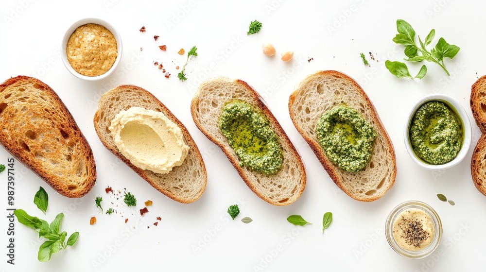 A flat lay of different types of toasted bread, including baguette ...