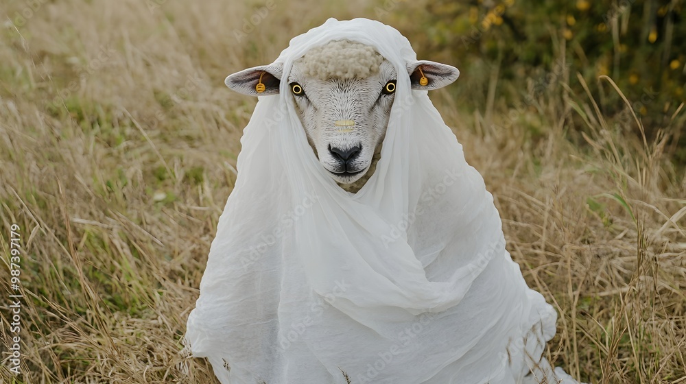 Cute and mysterious sheep dressed up as a ghostly figure with a flowing ...