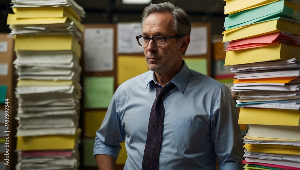 Man standing among towering piles of documents and sticky notes. Stock ...