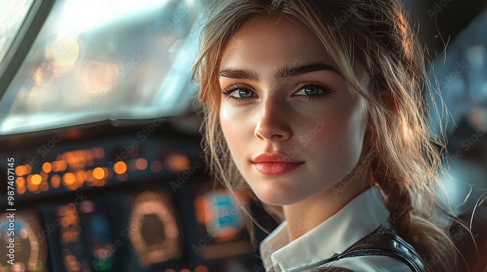 woman pilot in an airplane cockpit, confidently navigating flight ...