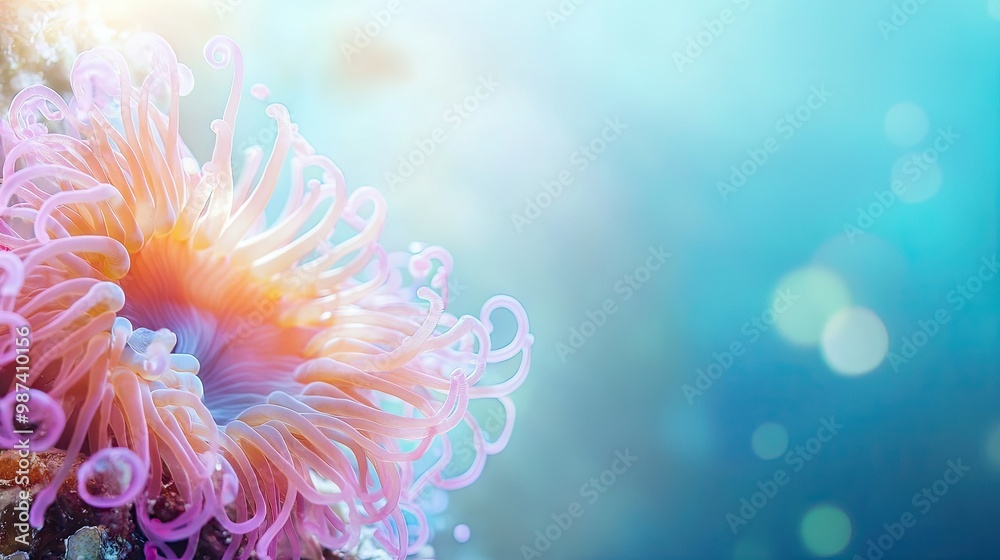 Side view of a sea anemone with a soft-focus ocean background, creating ...