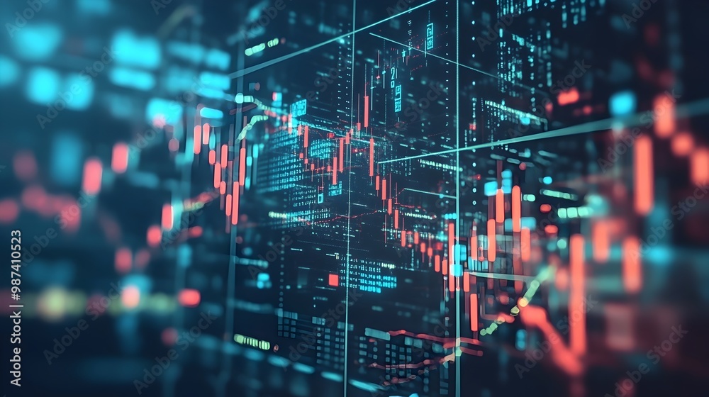 Futuristic digital environment with floating market charts financial data and algorithm codes ...