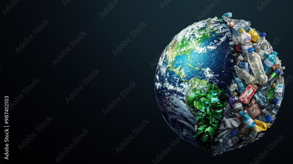 image depicts half Earth filled with plastic waste, highlighting ...