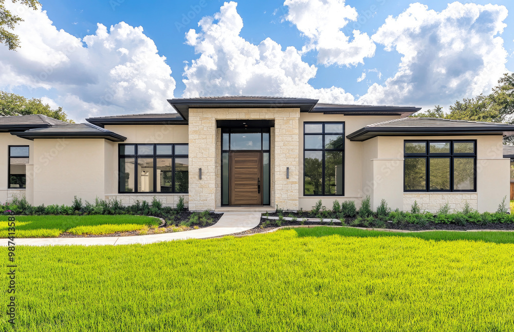 Beautiful front view of the exterior of an elegant single-story home ...