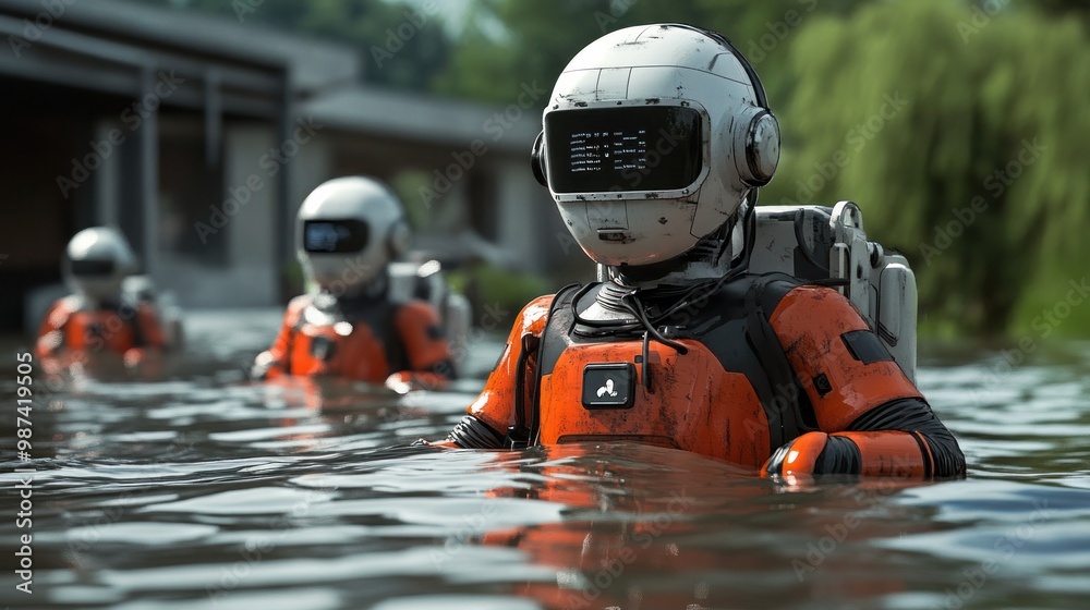 AI robot flood rescue teams wading through waterlogged areas, helping ...