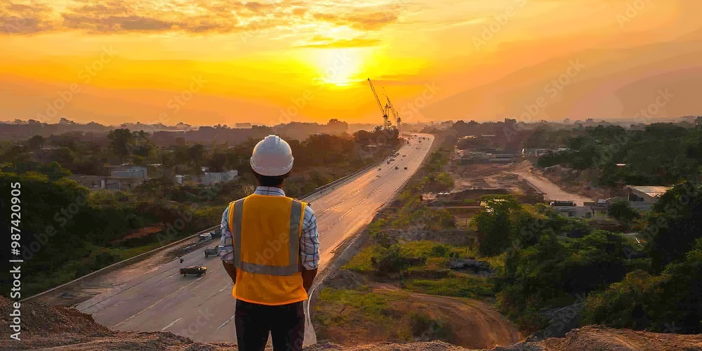 Civil engineer overseeing road construction for safety and quality on ...