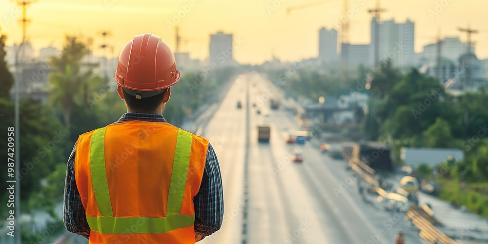 Civil engineer overseeing road construction for safety and quality on ...