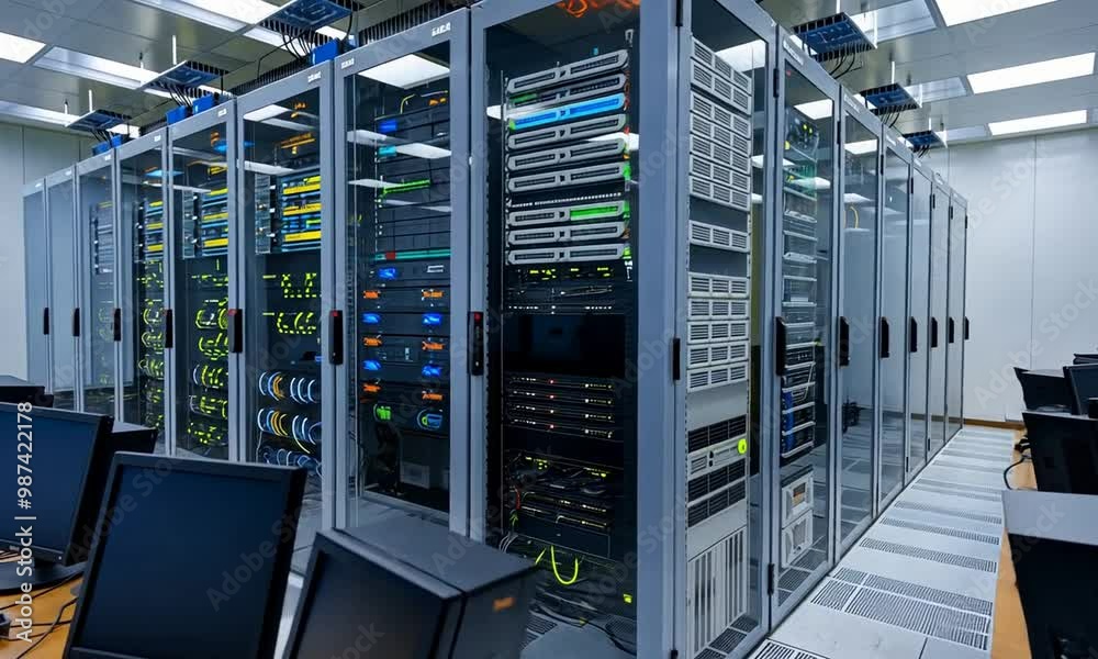Inside the server room of a data center or Internet Service Provider ...