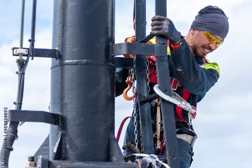 A deck crew member of a merchant ship working at height, equipped with ...