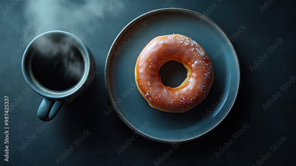 Top-down view of a donut and coffee breakfast setup, with a glazed ...