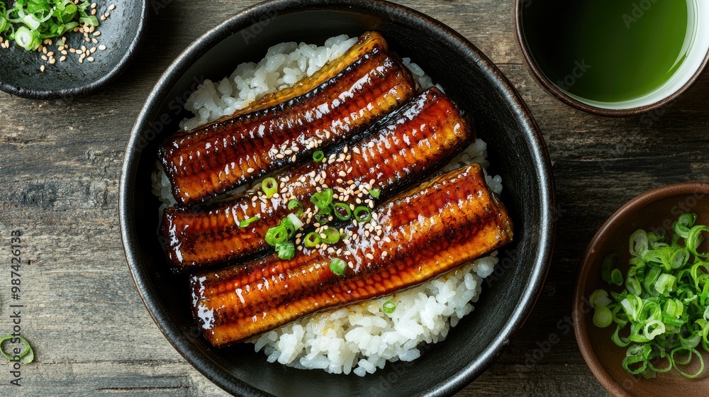 Top-down view of unagi donburi (grilled eel rice bowl) with soy-glazed ...