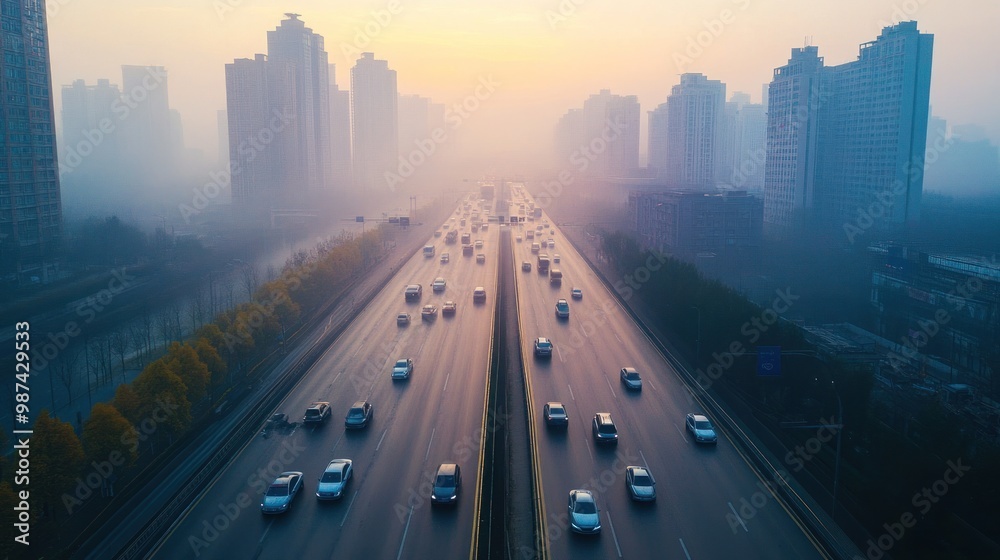 An urban area covered in smog, with vehicles contributing to air ...