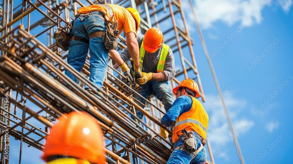 A dedicated construction crew meticulously assembling a steel framework ...
