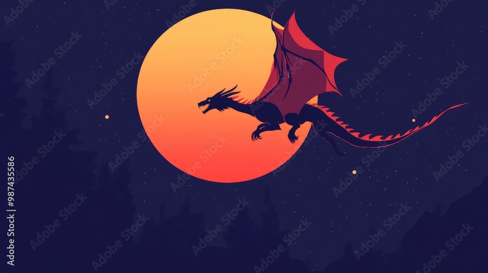 Flat design of a dragon in mid-flight under a full moon, using a ...
