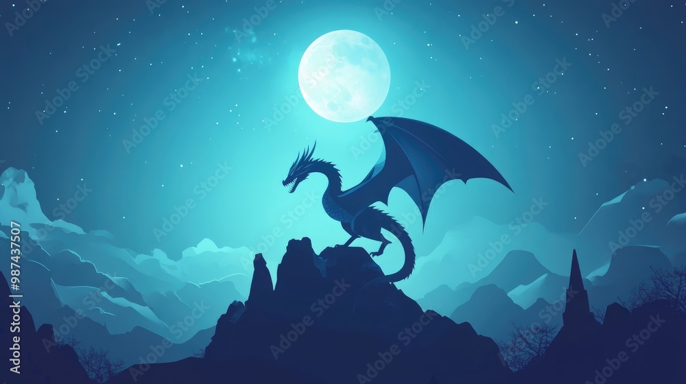 Front view of a dragon flying under the moonlight, rendered in flat ...