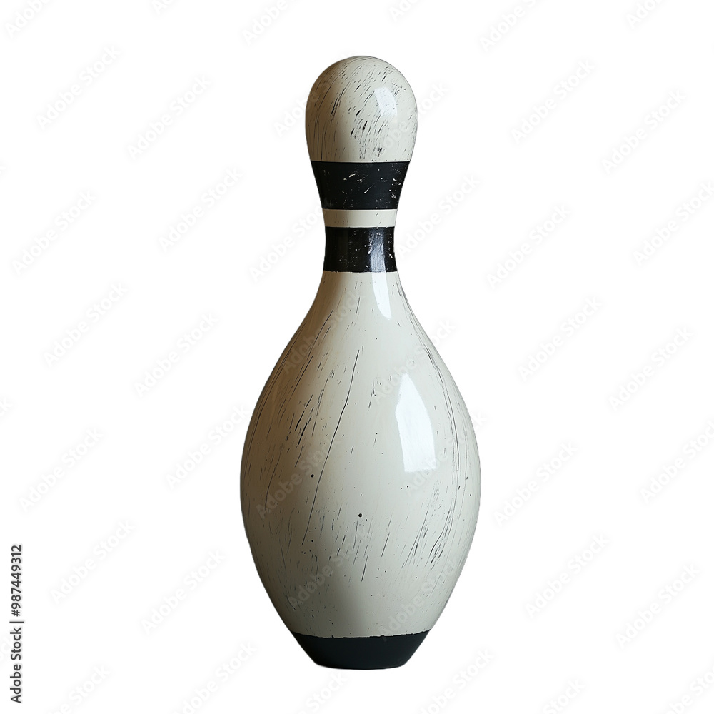 Vintage bowling pin with worn texture and black stripes on transparent ...