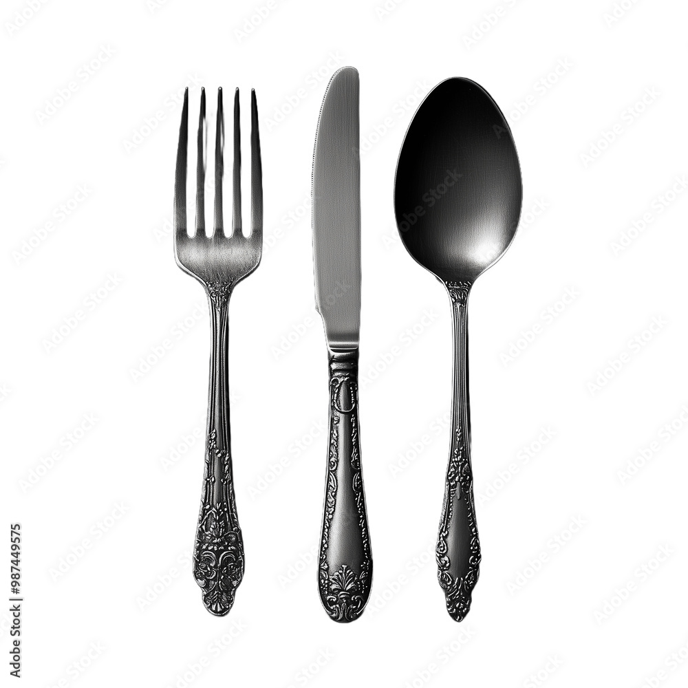 Elegant silver cutlery set with intricate detailing on transparent ...