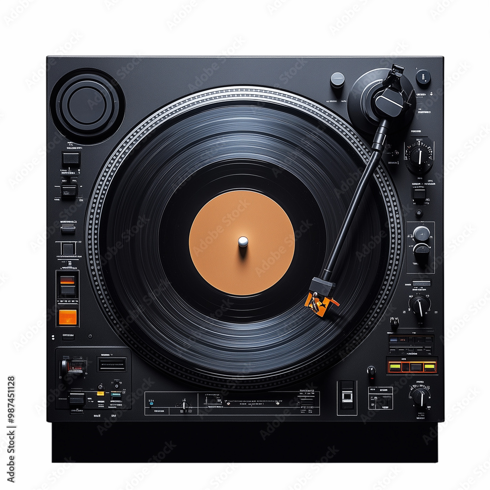 Vintage turntable with record player and tonearm on a transparent ...