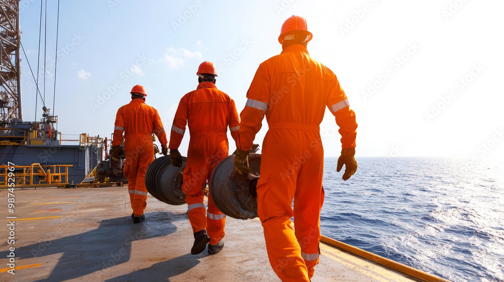 Oil rig workers in flameresistant suits handling heavy equipment ...