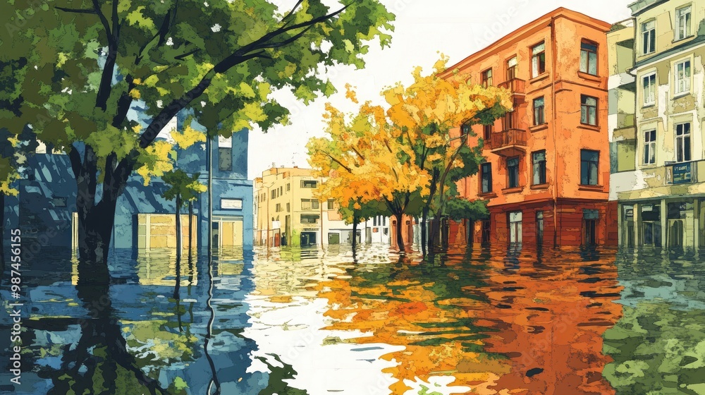 Watercolor-style illustration of a city street flooded after heavy rain ...