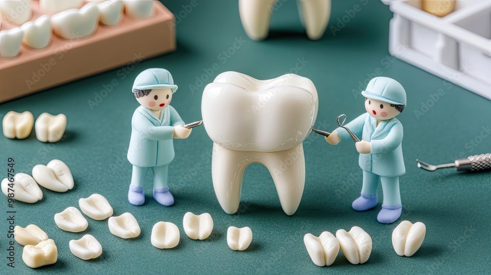 Tiny dentist figures work diligently to build a small house atop a ...