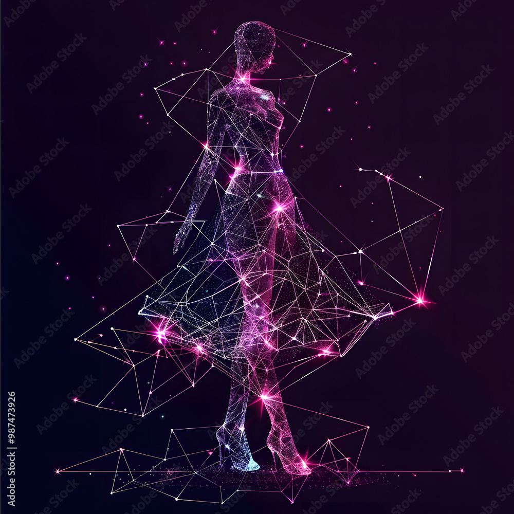futuristic wireframe figure of a female adorned with neon highlights on ...