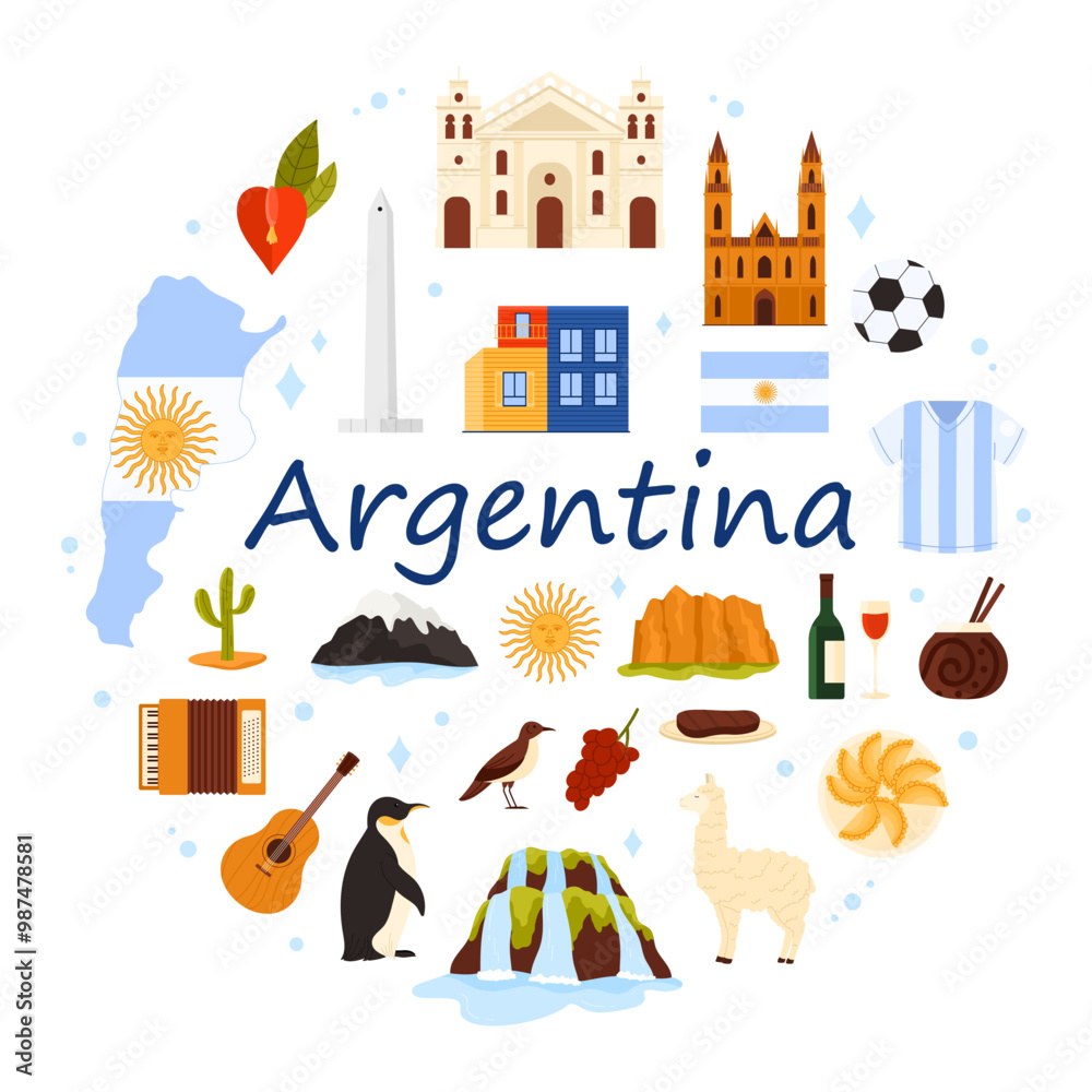 Travel to Argentina, culture elements and nature, flag and map in round ...