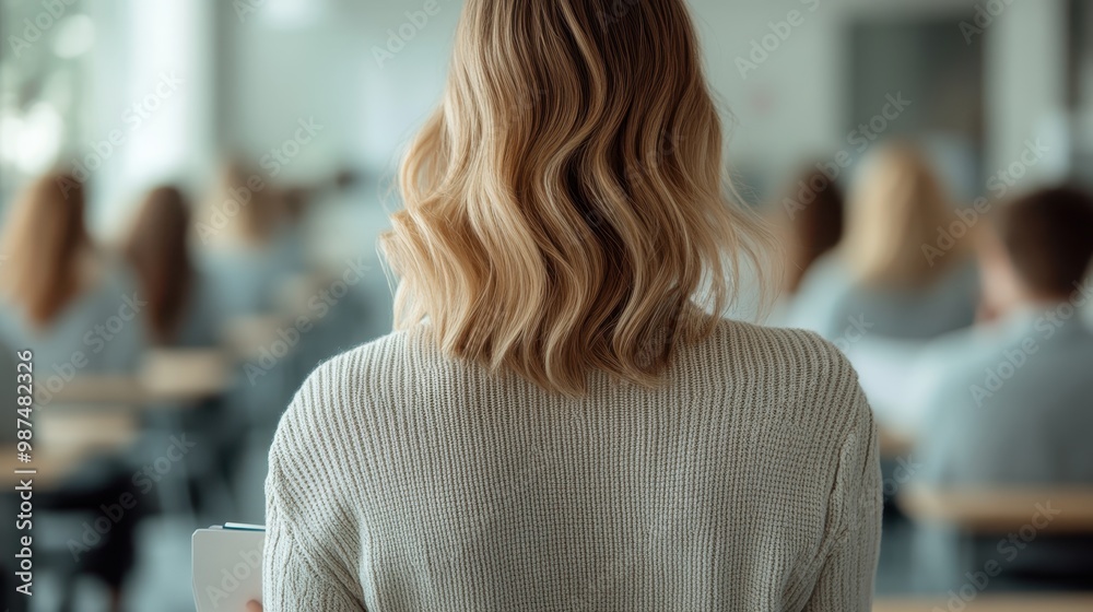 The image shows the back view of a blonde-haired teacher standing in ...