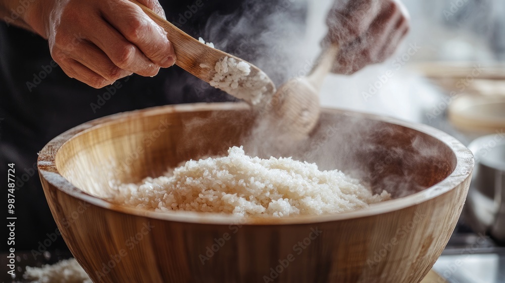 Steamy sushi rice being stirred in a traditional wooden hangiri bowl ...