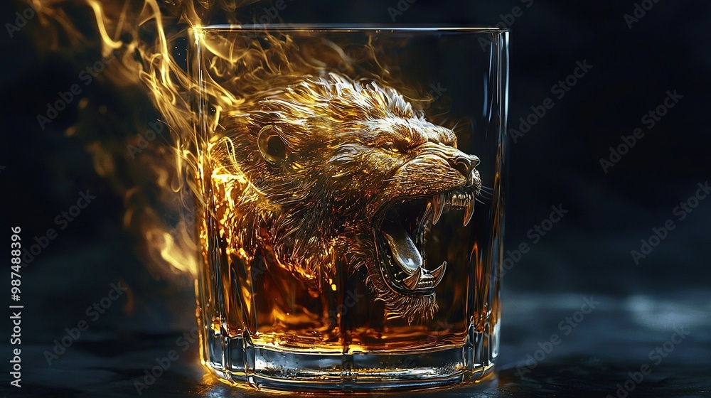 A glass of alcohol with a lion's head on its side and flames coming out ...