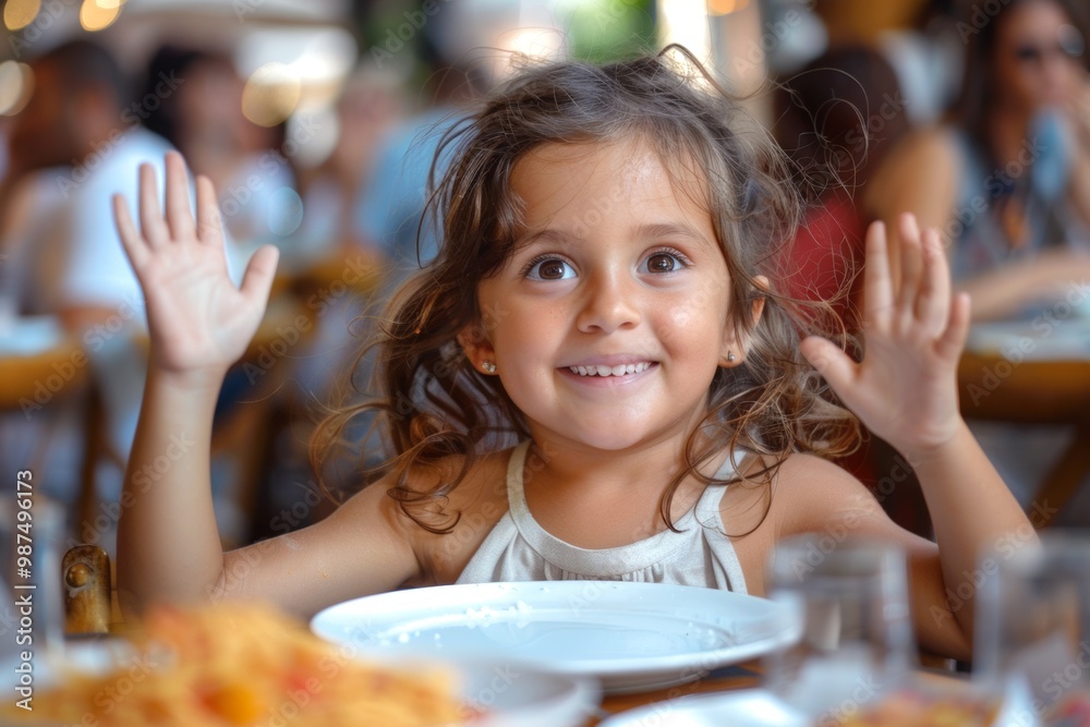 Street setting joyful child shows hands eating simply. Small child ...