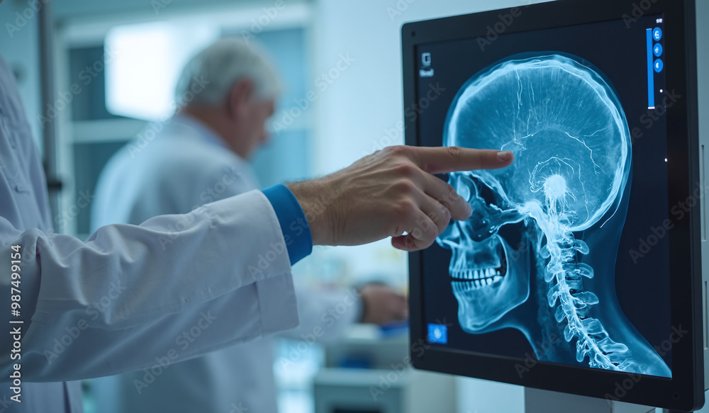 x-ray image of a human brain on computer monitor. A doctor examining ...
