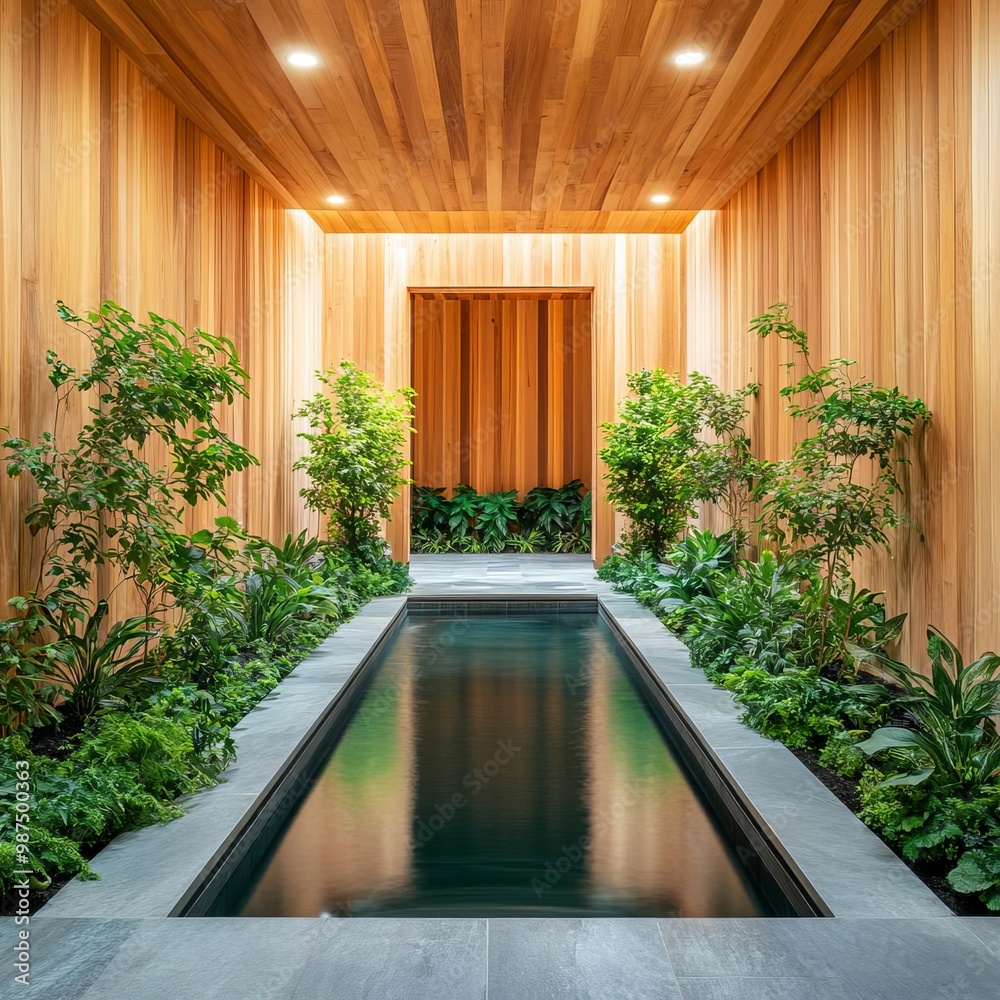 Nature-inspired spa suite with wood-paneled walls, greenery, and water ...