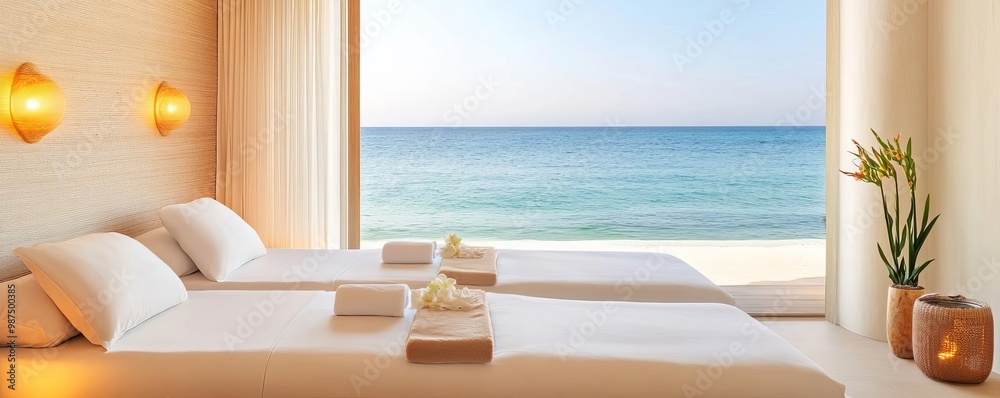 Ocean-view spa suite with soft linens, ambient lighting, and calming ...