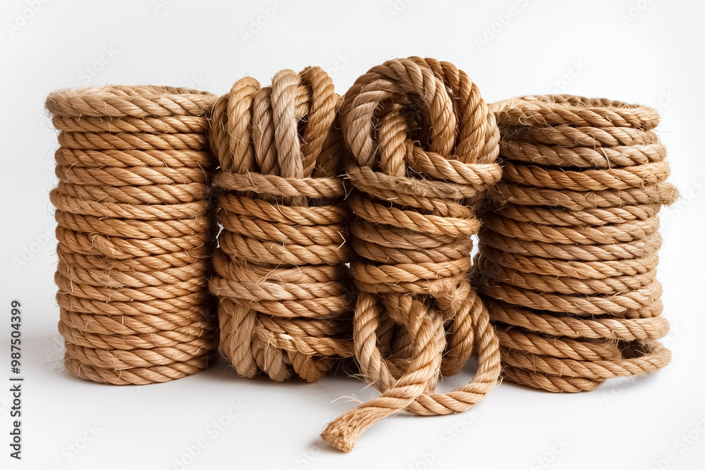 A photograph of jute ropes in various sizes and weights on a white ...