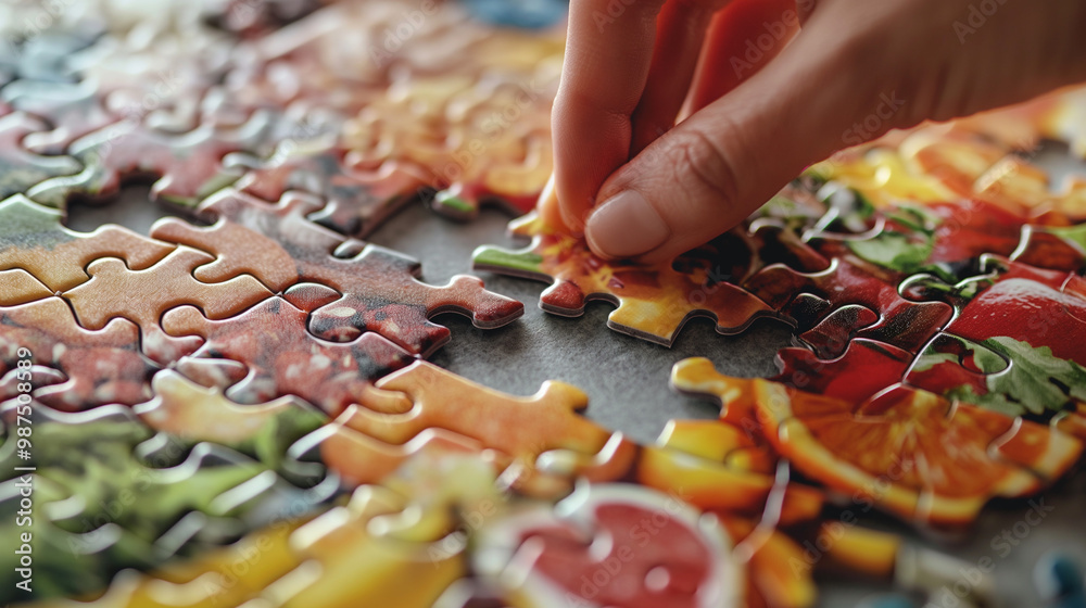 A large jigsaw puzzle, half-completed, where some pieces depict food ...