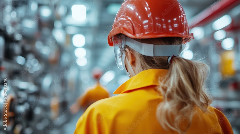 A factory worker wearing an orange hard hat, captured from behind ...